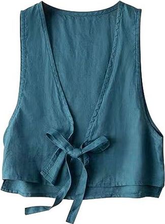 Generic Gilet en coton et lin pour femme - D&eacute;contract&eacute; - Sans manches - Avec noeud sur le devant, bleu, XXL