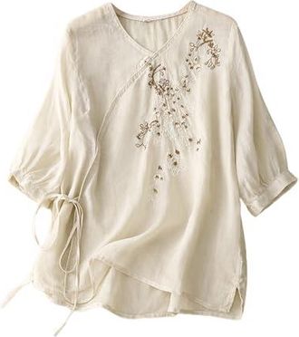 Generic T-shirt d&eacute;t&eacute; en lin pour femme avec broderie en V, boutonni&egrave;re asym&eacute;trique, pull fin, ample &agrave; manches courtes, beige, XXL