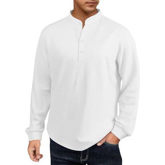 Generic Chemise en coton et lin &agrave; manches longues pour homme - Grande taille - T-shirt blanc - Pour la plage - D&eacute;contract&eacute; - T-shirt &agrave; manches longues - V&ecirc;tem