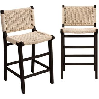 Sweeek 2er-Set Barhocker aus Heveaholz mit Seilbespannung Schwarz / Beige