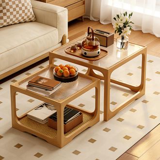 Generic Rustikaler Couchtisch, Mitteltisch-Set Mit Tischplatte Aus Geh&auml;Rtetem Glass Und Bastelregal Aus Rattan, Gummibaumholz, Stabile Struktur