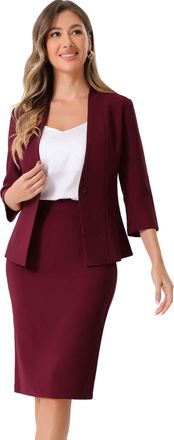 Allegra K Damen Business Rock Anzug Set 2-Teiliges B&uuml;ro Arbeits Outfit Kragenloser Blazer Bleistiftrock Dunkelrot XS