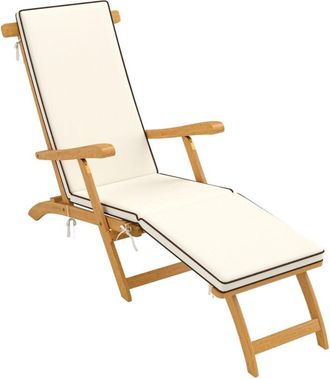 OUTSUNNY Chaise longue pliable en bois dacacia verni avec matelas repose-pieds grand confort cr&egrave;me