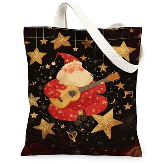 Generic Sacs fourre-tout réutilisables en toile avec motif de Père Noël, motif étoiles, vintage, avec bandoulière lavable, Rouge, 13x15 Inch