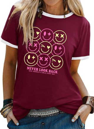 Dresswel Tshirt Damen Give Yourself A Smile Everyday L&auml;chelndes Gesicht Druck T-Shirt Rundhals Kurzarm T Shirts Sommer Oberteile Tee Tops Bluse
