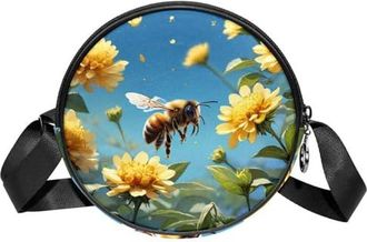 Generic Sac &agrave; bandouli&egrave;re rond pour femme, motif abeille, petit sac &agrave; bandouli&egrave;re avec fermeture &eacute;clair, bretelles r&eacute;glables, sac &agrave; main rond d&eacute;contract&eacute; pour