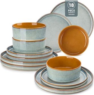 VANCASSO ONION Service de Table 6 Personnes, Service 18 Pièces Complet en Grès - 6 Assiettes Plates, 6 Dessert et 6 Bols - Adapté au Micro-Ondes, Glaçure Bleu 
