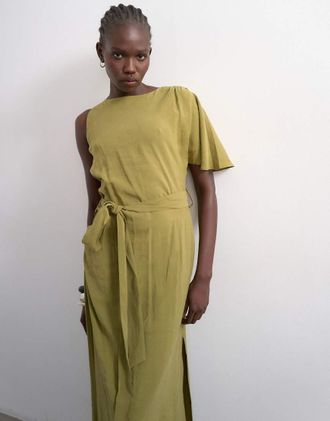 Topshop Robe longue en cupro avec liens nou&eacute;s &agrave; la taille et manches asym&eacute;triques - Kaki-Vert