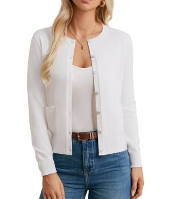 Grace Karin Damen Langarm Open Front Strickjacke Solid Farbe Cardigan Vintage Hochzeit Ausgehen Strickpullover Wei&szlig; M