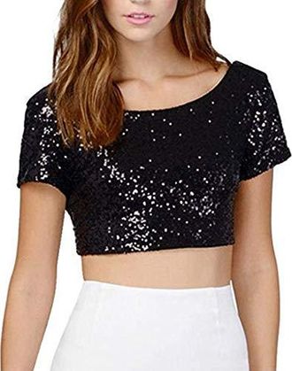 Generic Haut court &agrave; paillettes &agrave; manches courtes pour femme - Coupe ajust&eacute;e - Pour festival, bo&icirc;te de nuit, Noir, XXL