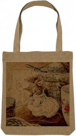 Fabulous Sac Shopping Tote Bag Aspect Lin - Famille Souris Tea Party Illustration Enfant Beatrice Potter - Sac de Courses Toile Epaisse 360g Beige Naturel Caba