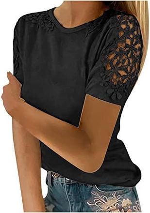 Generic Hauts dété 2026 pour femmes en dentelle au crochet à manches courtes et col rond, chemisiers habillés décontractés, Noir, XL
