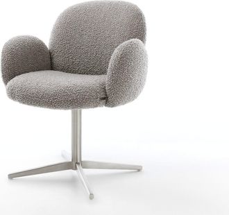 DELIFE Drehstuhl Nube-Flex mit Armlehnen Bouclé Silbergrau Fußkreuz Edelstahl 360° drehbar Taschenfederkern, Esszimmerstühle