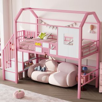 Generic Hochbett 90x200cm Rosa mit Dach & Treppe Metallbett Stabil Stauraumbett Design Hochschl&auml;fer Systembett Einzelbett f&uuml;r Jugendliche (ohne Matratze)