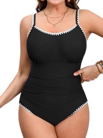 Cupshe Maillot de bain une pi&egrave;ce grande taille pour femme - Maillot de bain incurv&eacute; cousu - Contr&ocirc;le du ventre - Col rond fronc&eacute;, noir, 3XL plus