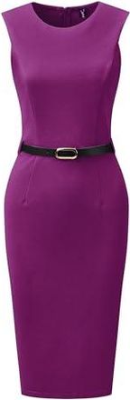 Allegra K Robe Fourreau ceintur&eacute;e pour Femmes, col Rond, sans Manches, Robes de Bureau d&eacute;contract&eacute;es Mauve L