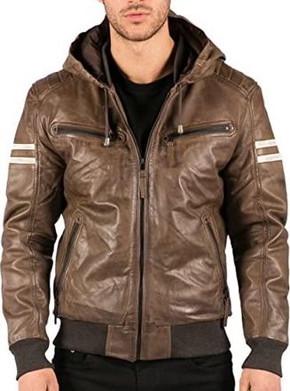TruClothing Veste pour Homme en Cuir véritable avec Capuche Style Bomber USA Rayures - Marron XL