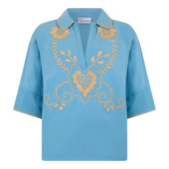 Red Valentino Femme, Blouses et Chemises, Bleu, Taille: 42 FR Blouse brod&eacute;e &agrave; col en V