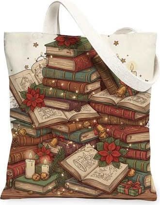 Generic Sacs fourre-tout en toile vintage de No&euml;l, motif floral, sacs d&eacute;picerie r&eacute;utilisables, l&eacute;gers et lavables avec bandouli&egrave;re, blanc, 13x15 Inch