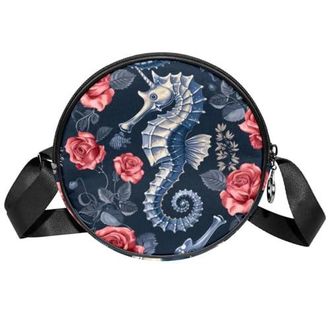 Generic Petit sac &agrave; bandouli&egrave;re rond pour femme, motif hippocampe, roses, sac &agrave; dos &agrave; bandouli&egrave;re r&eacute;glable, sac &agrave; main rond d&eacute;contract&eacute; pour femmes et filles