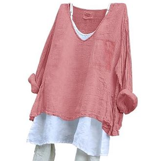 Generic Chemisier Femme Coton Et Lin Chic Et Elegant D&eacute;contract&eacute;s Chemisiers Et Blouses D&eacute;t&eacute; &Agrave; Manches Longues Col V Loose Top Legers Respirant Tunic Mode Cot
