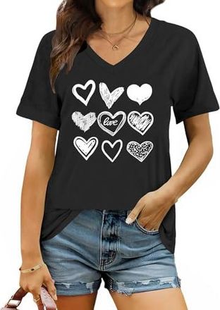 Generic T-shirt imprim&eacute; en forme de coeur pour femme 2026 Saint-Valentin, Noir, XXL