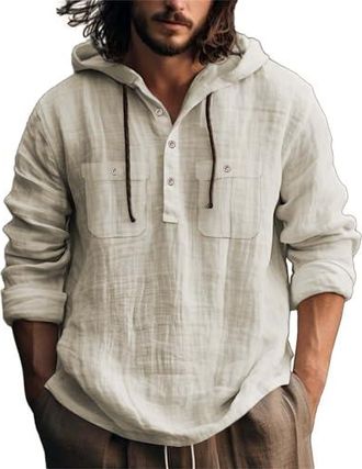 Generic Chemise en lin pour homme - Manches courtes - Avec capuche - Couleur unie - Chemise d&eacute;t&eacute; ample boutonn&eacute;e - Chemise d&eacute;t&eacute; a&eacute;r&eacute;e - Confortable et douce -