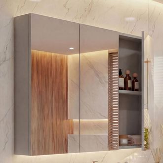 Mendler Spiegelschrank HWC-B19b, Badschrank H&auml;ngeschrank, 6 Regalb&ouml;den Hochglanz FSC-Zertifiziert 70x80x16cm - grau