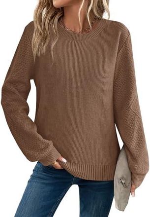 Zeagoo Pull élégant à col rond pour femme - Pull en tricot - Manches longues - Pull ample - Pull dhiver décontracté, kaki, L