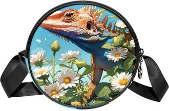 Generic Petit sac &agrave; bandouli&egrave;re circulaire pour femme, motif l&eacute;zard fleur, sac &agrave; dos &agrave; bandouli&egrave;re avec fermeture &eacute;clair, bretelles r&eacute;glables, sac &agrave; main rond