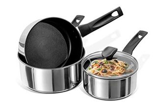 Prestige 9 x h&auml;rter - 3-teiliges Kochtopf-Set - ultra-langlebiger Edelstahl - antihaftbeschichtet - induktionsgeeignet - sp&uuml;lmaschinen- und ofenfest - Glasdeck