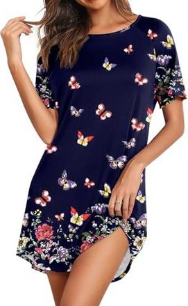 Ekouaer Chemise de Nuit Femme Manches Courtes Vêtements de Nuit Femme Col Rond Robe de Nuit,Bleu Marine,XXL