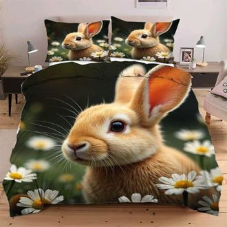 Generic Housse de Couette 140x200 Lapin Parure de Lit 1 Personne Fleurs Imprim&eacute;e 3D Microfibre Douce Animaux Mignons Housse Couette R&eacute;versible avec 1 Taie dor