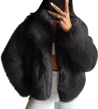 ORANDESIGNE Manteau en Fausse Fourrure pour Femme Manches Longues Veste à Revers en Fourrure Artificielle Pardessus Épais Chaud A Noir L