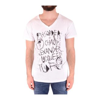Alexander McQueen Bedrucktes Baumwoll-T-Shirt mit V-Ausschnitt und kurzen &Auml;rmeln - - Tops - Herren - Wei&szlig; - XS