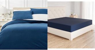 Amazon Basics 3 Pi&egrave;ce Parure de lit avec Housse de Couette Haut de Gamme avec Deux taies doreiller, 260 x 240 cm, Bleu Marine, Uni & Drap-Housse en Microfibre Bleu 