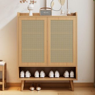 Merax Sideboard Rattan Beistellschrank mit 2 T&uuml;ren und 5 Regalb&ouml;den, Massivholzbeine und Holzgriffe, Aufbewahrungsschrank im Landhausstil, 80x35x105 cm