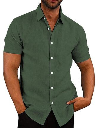 Coofandy Herrenhemden, kurz&auml;rmelig, l&auml;ssig, Leinenhemden, Hemd, Shirt Herren, mit Vordertasche, Button-Down, Sommer-Strandhemd, normale Passform, armee-gr&uuml;n, S