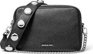 Michael Kors Bryant Sac &agrave; bandouli&egrave;re avec double fermeture &eacute;clair pour appareil photo Taille M, Mat&eacute;riel argent&eacute;/cuir grain&eacute; avec sangle clout&eacute;e d&ocirc;me/noir, One Si