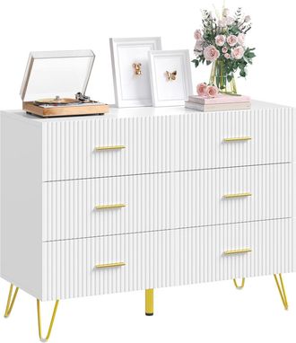 Woltu Kommode mit 6 Schubladen & Großer Kapazität, Modernes Sideboard für Wohnzimmer, Schlafzimmer, Flur, Weiß & Gold, 100x40x75cm