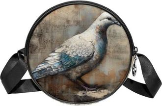 Generic Petit sac &agrave; bandouli&egrave;re rond pour femme, motif pigeon, vintage, avec fermeture &eacute;clair, bretelles r&eacute;glables, sac &agrave; main rond d&eacute;contract&eacute; pour femmes et
