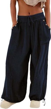 Generic Pantalon cargo baggy noir pour femme - Pantalon de surv&ecirc;tement ample taille haute en coton avec plusieurs poches, jambe large d&eacute;contract&eacute;e, bleu marin