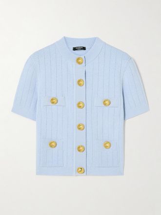 Balmain Cardigan En Mailles Côtelées À Ornements - Bleu