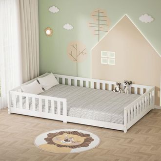 ML Design ML-Design Kinderbett 120x200 cm Wei&szlig; mit Matratze H:16cm, Bodenbett f&uuml;r Kinder mit Lattenrost&Rausfallschutz, Jugendbett aus massivem Kiefernholz, Bet