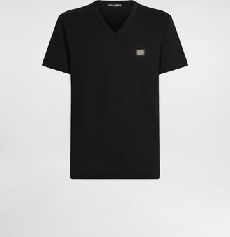 Dolce & Gabbana Baumwoll-t-shirt V-ausschnitt Mit Logoplakette - Mann T-shirts Und Polos Blau Baumwolle 44
