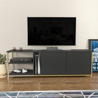 Hanah Home Glamorous TV Stand, Anthracite & Gold, 160 x 35.3 x 50.8 cm | 100% Melamine Coated Particle Board, 18 mm Thick | Stylish & Functional for Modern Livin