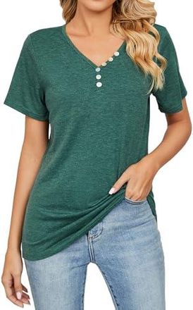 Generic Chemise unie à manches courtes pour femme - Coupe ample - Col en V - T-shirt basique décontracté en tricot - Vêtements pour la vie quotidienne - Cadea