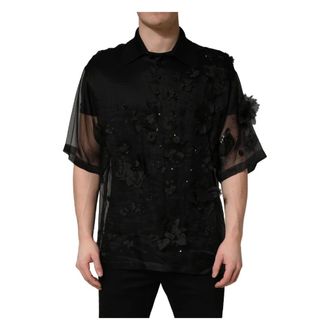 Dolce & Gabbana Femme, Blouses et Chemises, Noir, Taille: 42 FR Floral Applique Sheer Short Sleeve Shirt