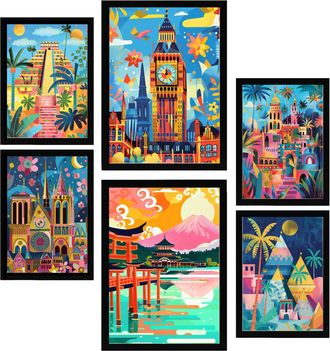 Nacnic Set mit 6 Dekorative Malerei Von Mary Blair inspirierte Denkmäler. Luxor, Big Ben, Ägypten, Chichen Itza, Notre Dame, Itsukushim Gerahmtes Poster mit 