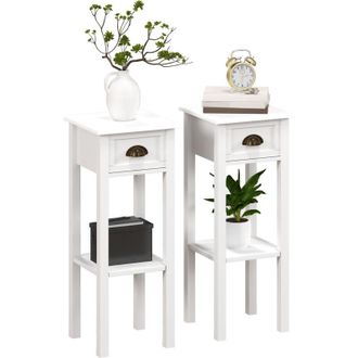 HOMCOM Lot de 2 tables dappoint - style sophistiqu&eacute; - avec tiroir, &eacute;tag&egrave;re inf&eacute;rieure - 30 x 30 x 75 cm - blanc